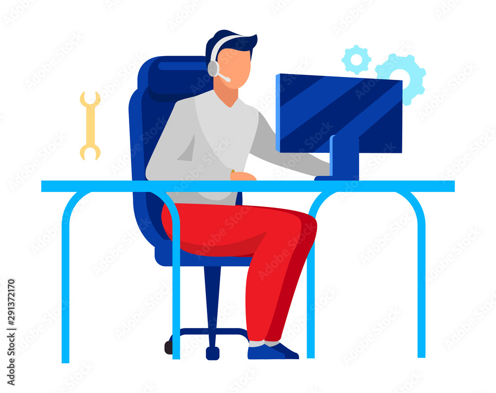 Technical support operator flat vector illustration. Company employee ...