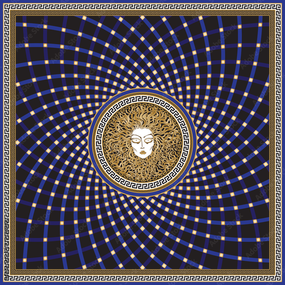Vetor de Vector striped spiral shawl print with Medusa Gorgon head in ...