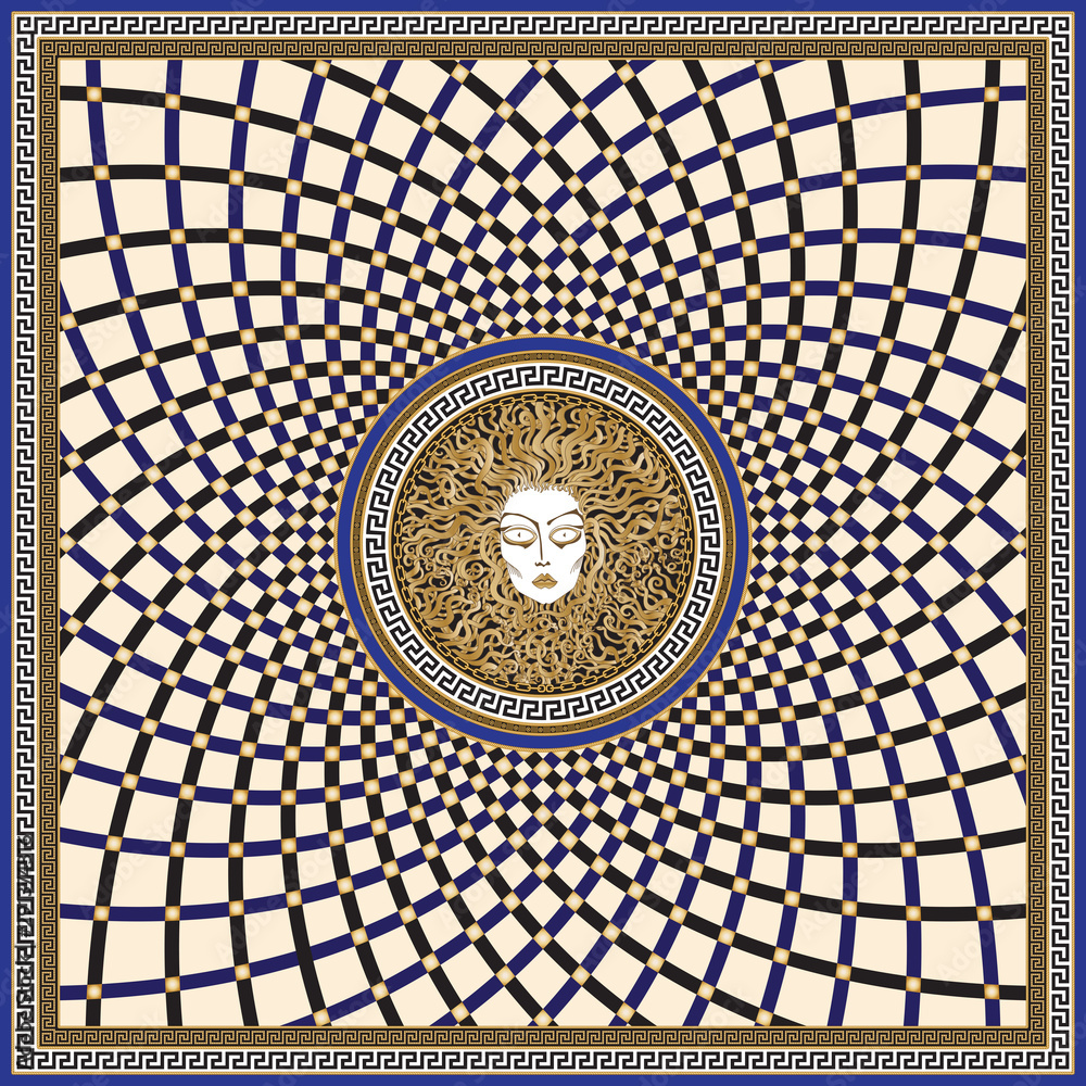 Vector striped spiral shawl print with Medusa Gorgon head in gold ...