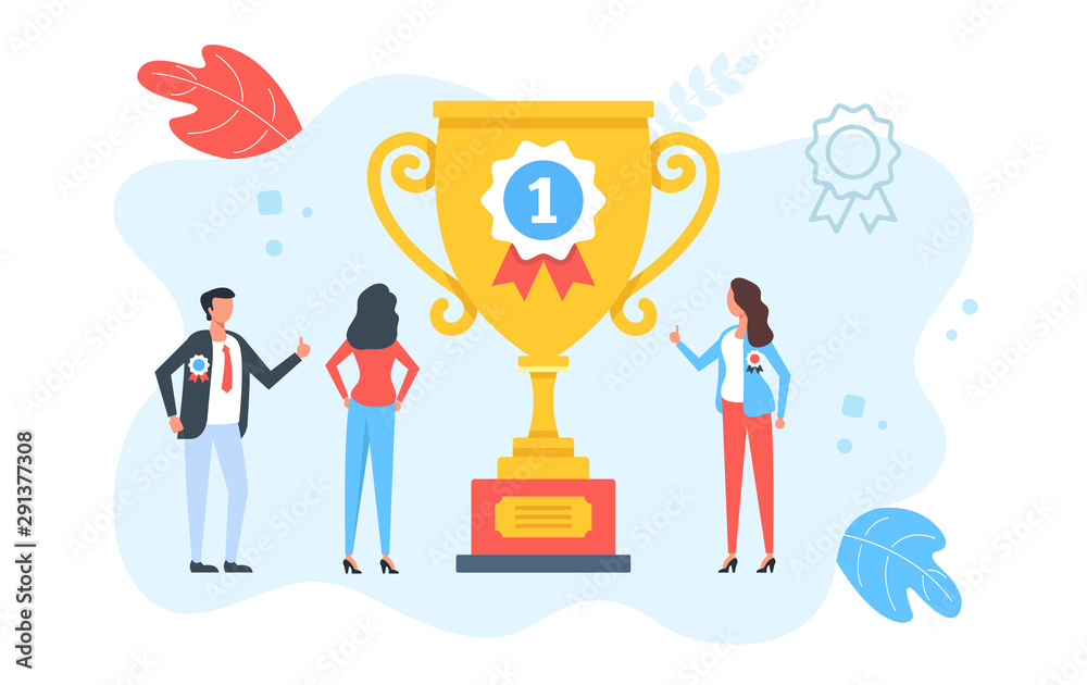 Winner, trophy, award. Group of happy people celebrate winning ...