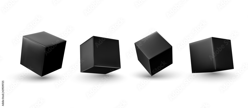 Black Cube 3d render. Set square block. Realistic isolated on a white ...