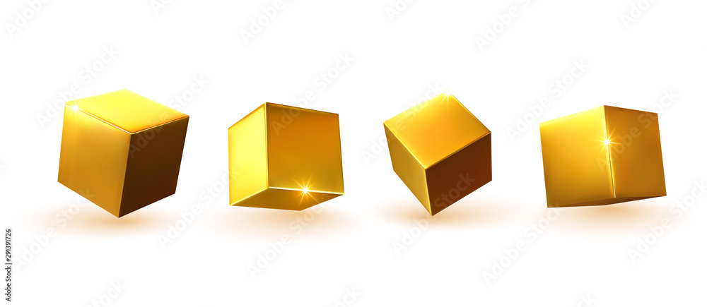 Cube in gold metalic. Square Realistic geometric shapes. Golden ...