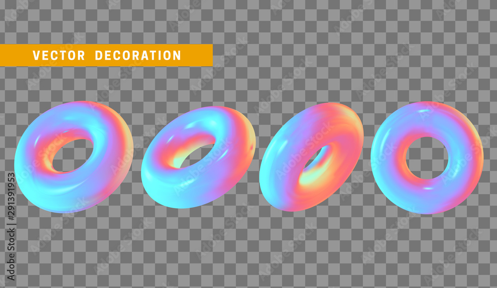 Realistic 3d shape torus, donut objects with gradient holographic color ...