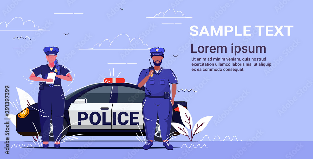 policeman using walkie-talkie policewoman writing fine report mix race ...