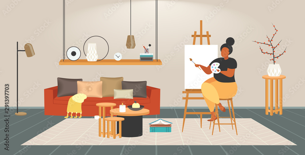 fat obese woman painter using paintbrush and palette overweight girl ...