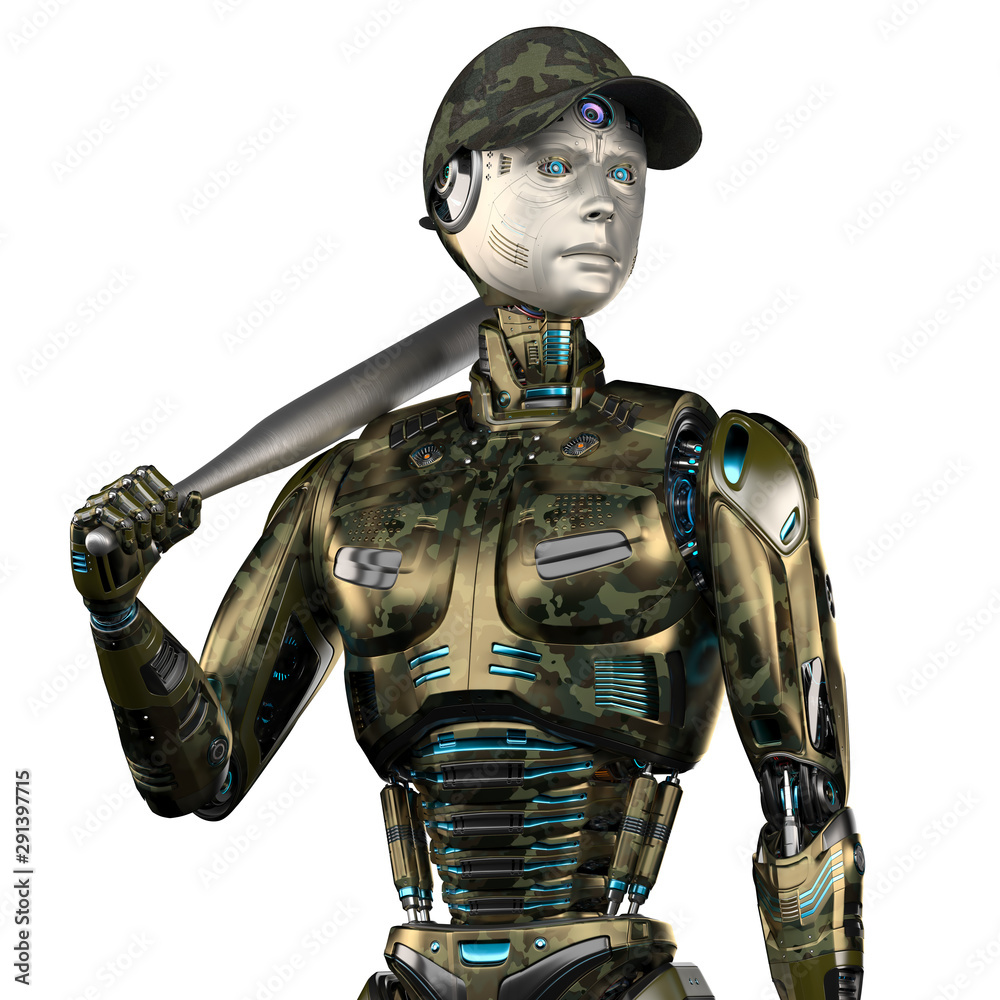 Detailed military robot or futuristic humanoid holding baseball bat or ...