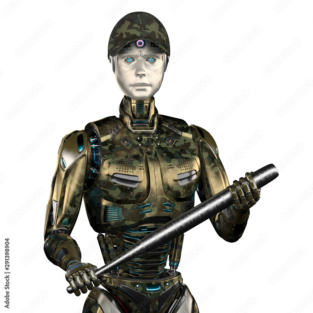 Detailed military robot or futuristic humanoid holding baseball bat or ...