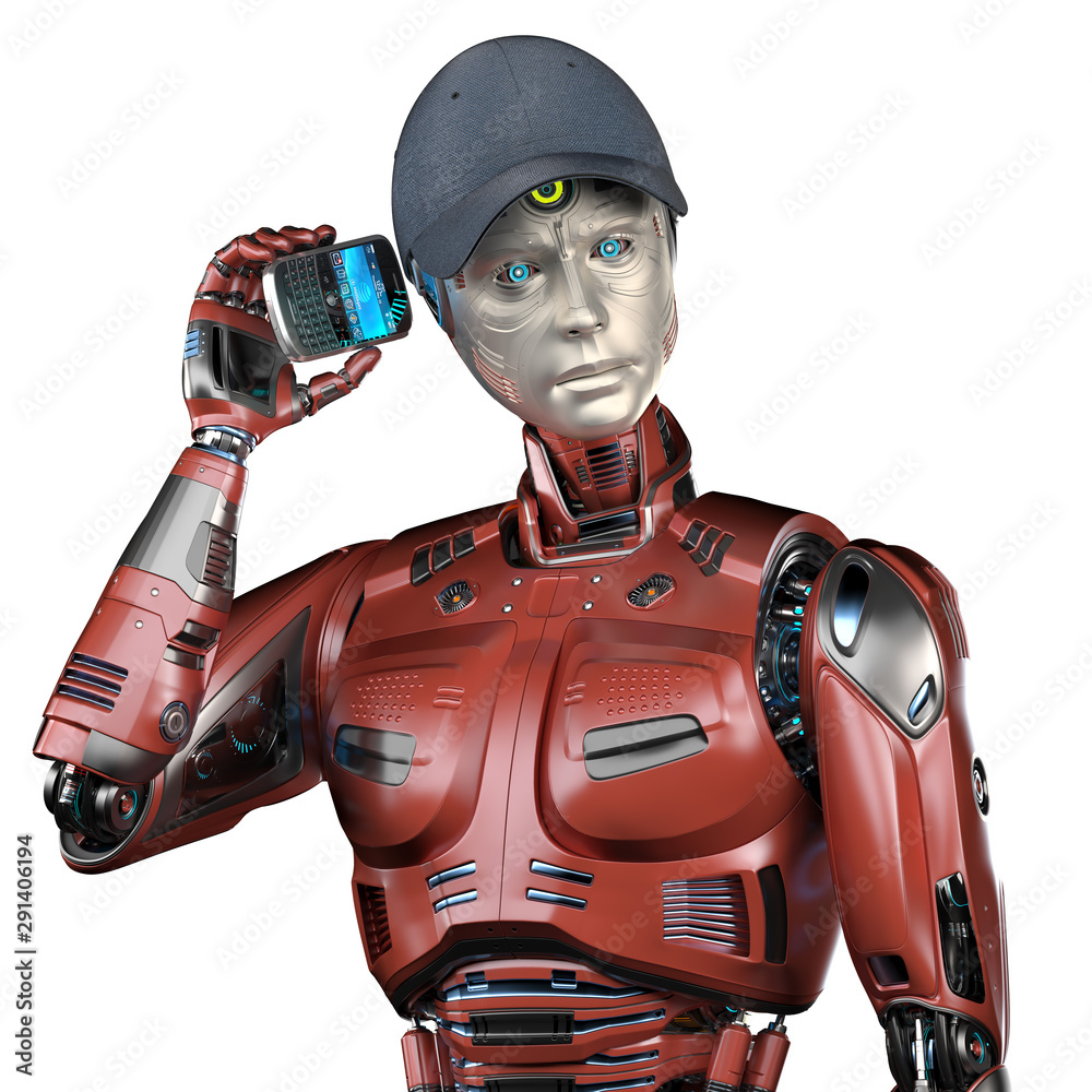 Very detailed humanoid cyborg or futuristic robot listening to an audio ...