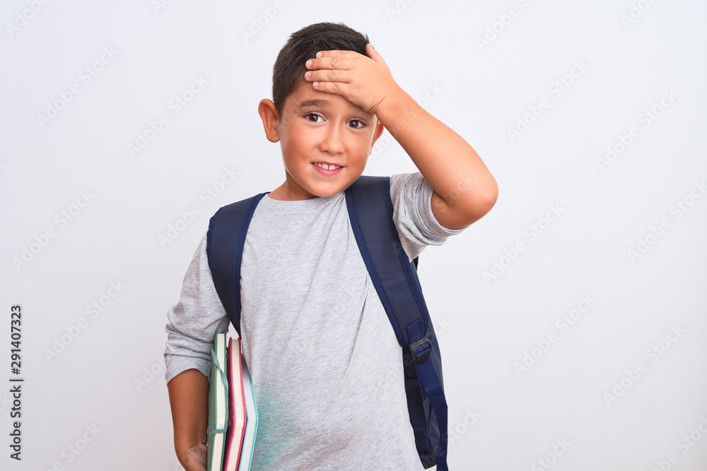 Beautiful student kid boy wearing backpack holding books over isolated ...