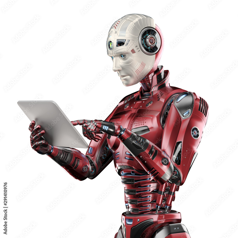 Futuristic robot or very detailed humanoid cyborg uses tablet or modern ...