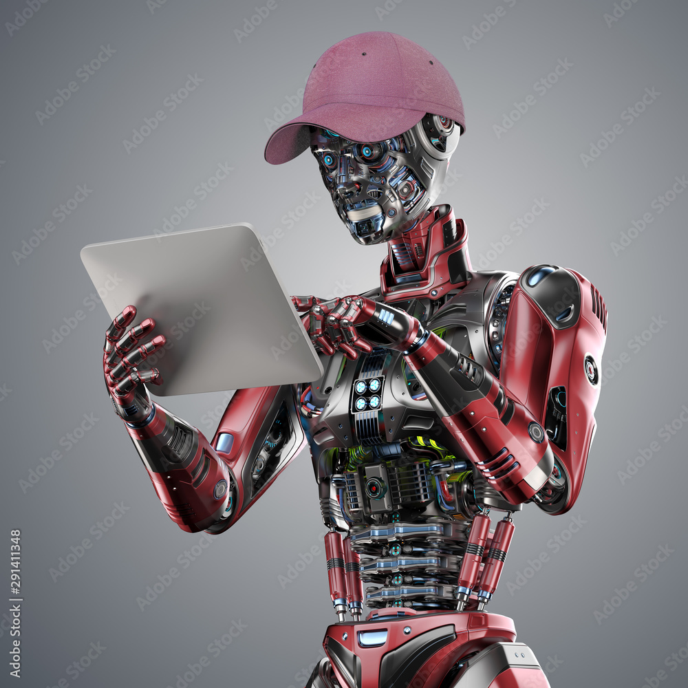 Futuristic robot or very detailed humanoid cyborg uses tablet or modern ...