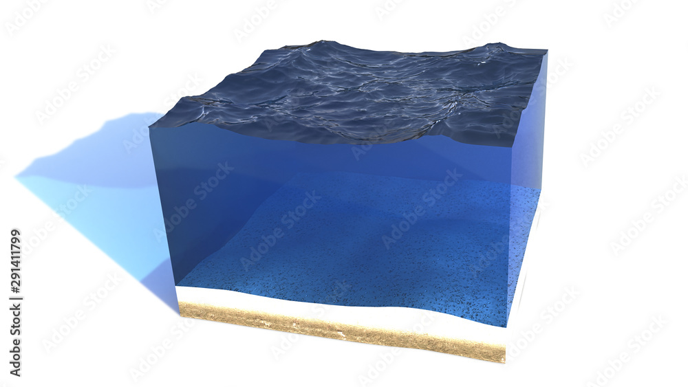 cross section of an ocean, clean sea water cube isolated on white ...