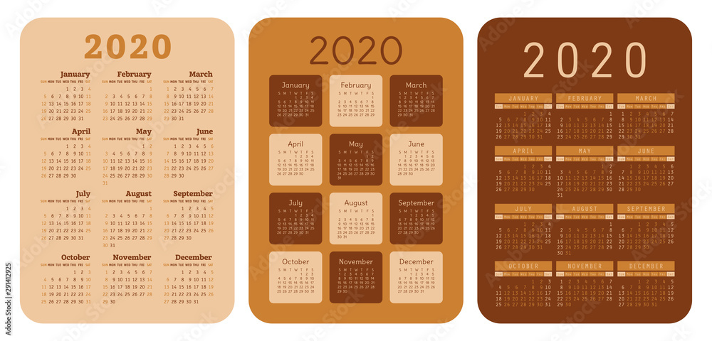 2020 year. Pocket calendar set. Vector design collection. Week starts ...