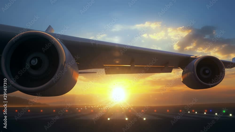 Camera moving close to airplane wing showing its engines rotating. The ...