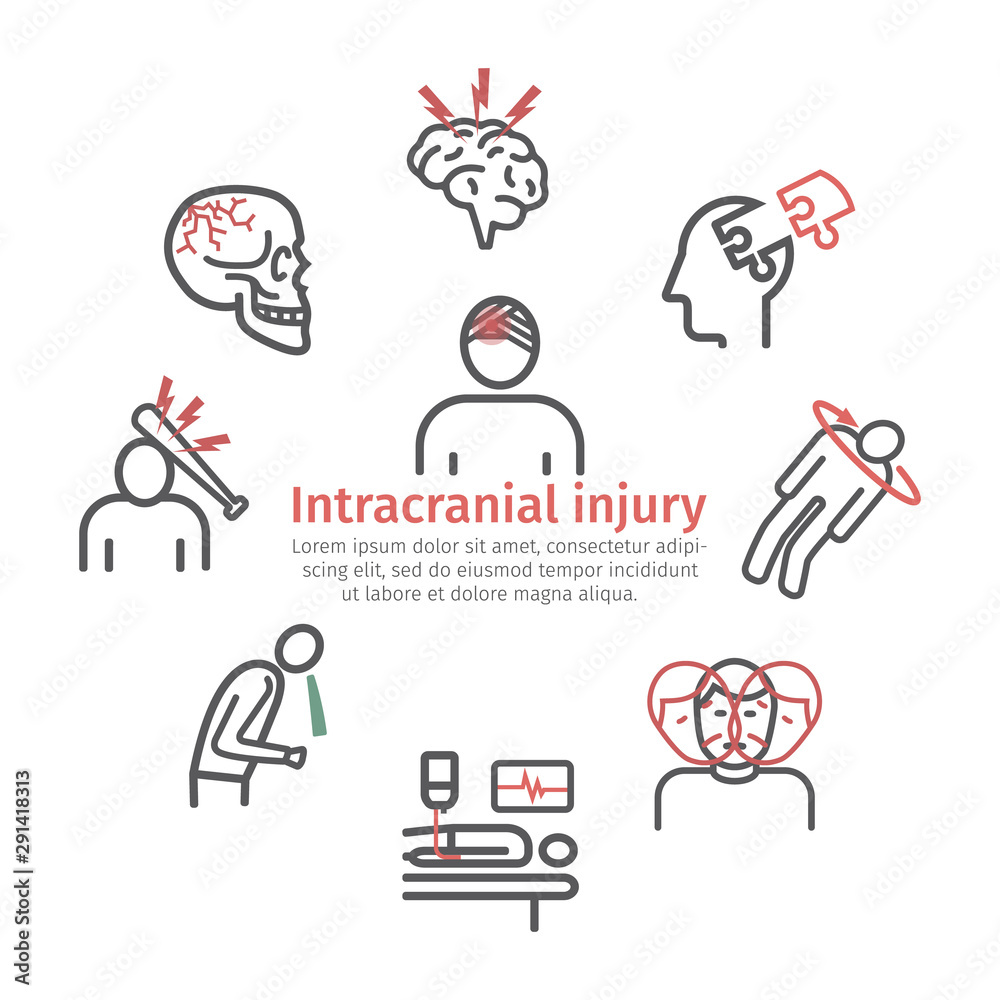 Vetor de Traumatic brain injury banner, line icon. Head Injury ...