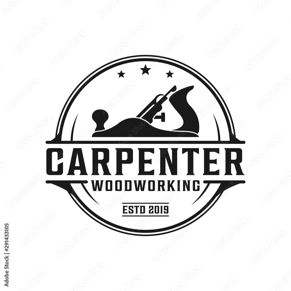 Carpentry, woodworking retro vintage logo design. Jack plane / wood ...