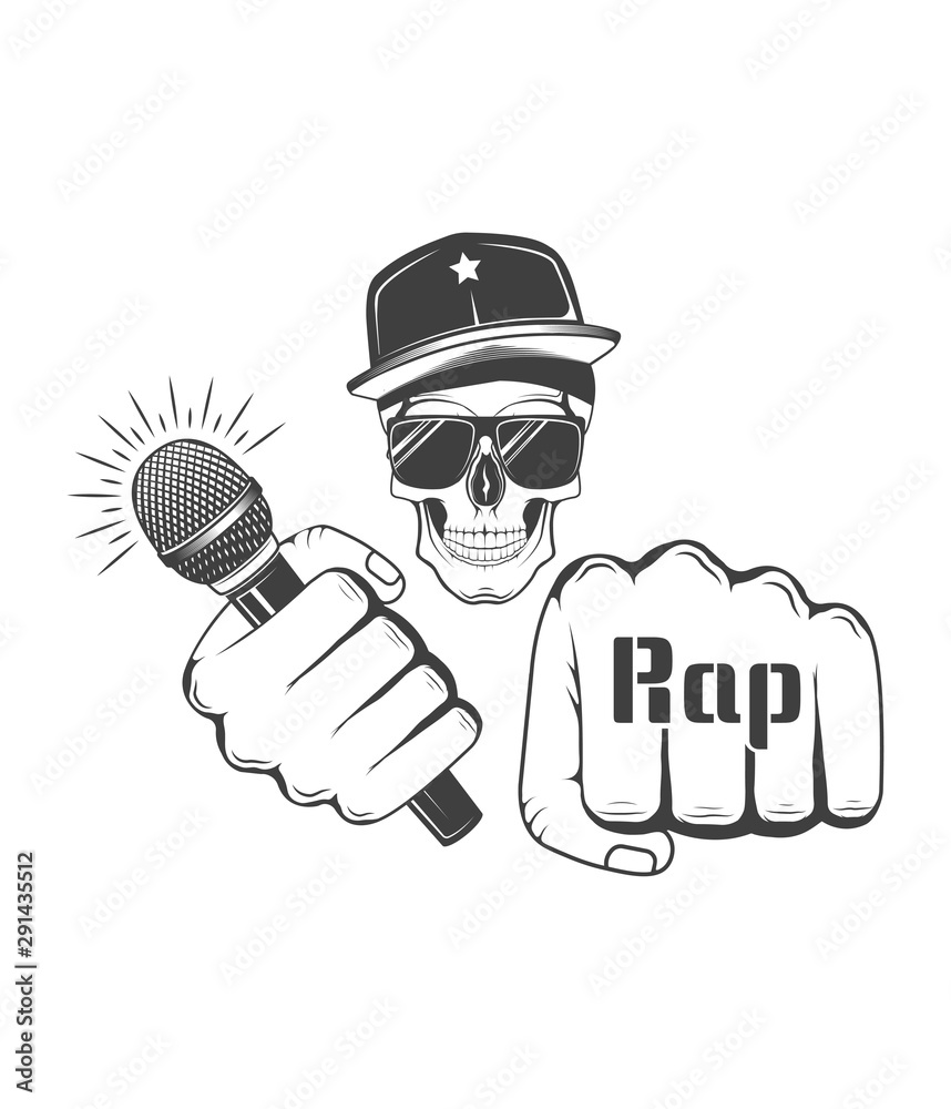 Rap music logo. Concept of vector musical emblem. Skull in snapback ...