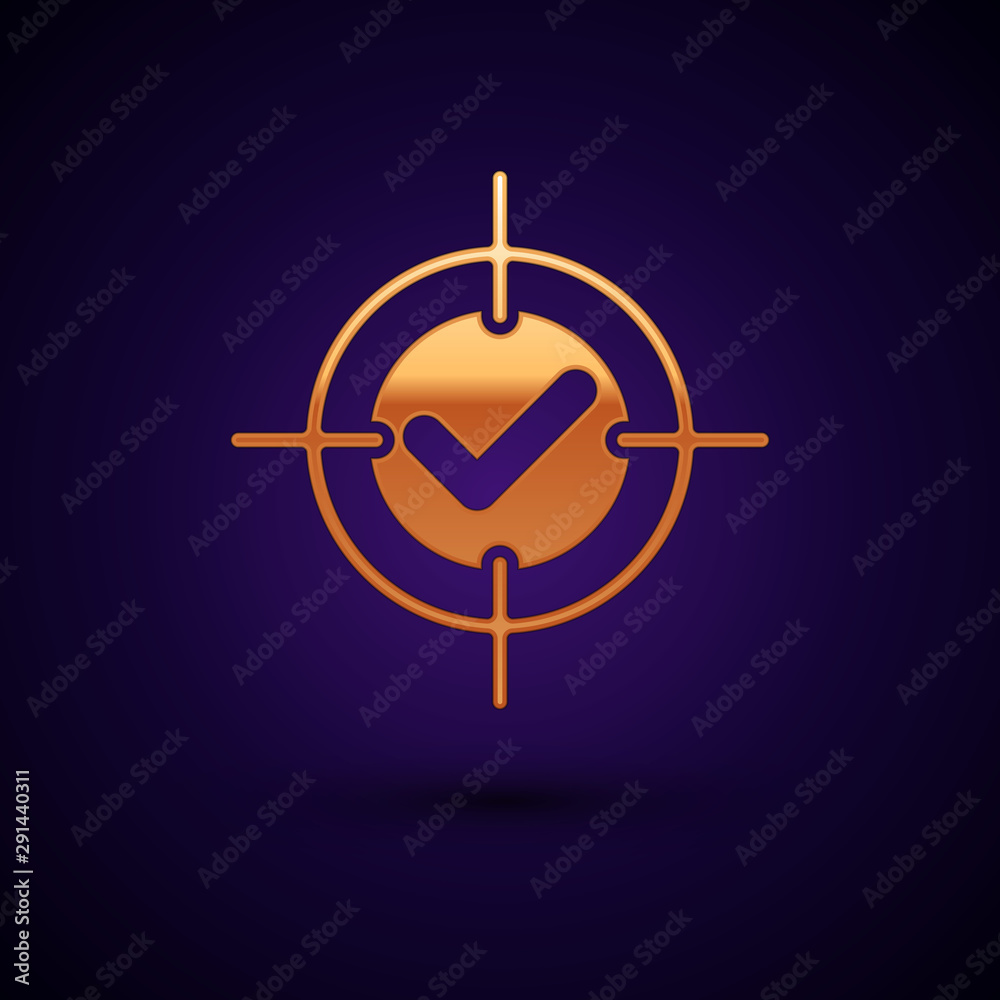 Gold Target and check mark icon isolated on dark blue background. Dart ...