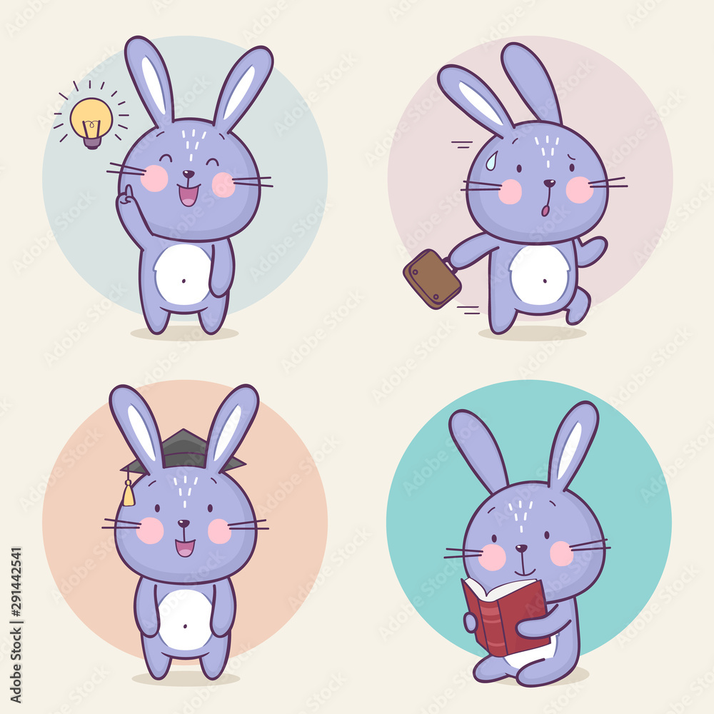 Set of cute bunny rabbit character with different emotions. Vector ...
