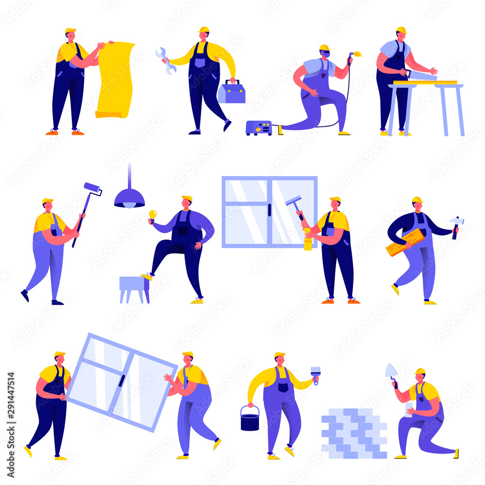 Set of flat people home repair worker characters. Bundle cartoon people ...