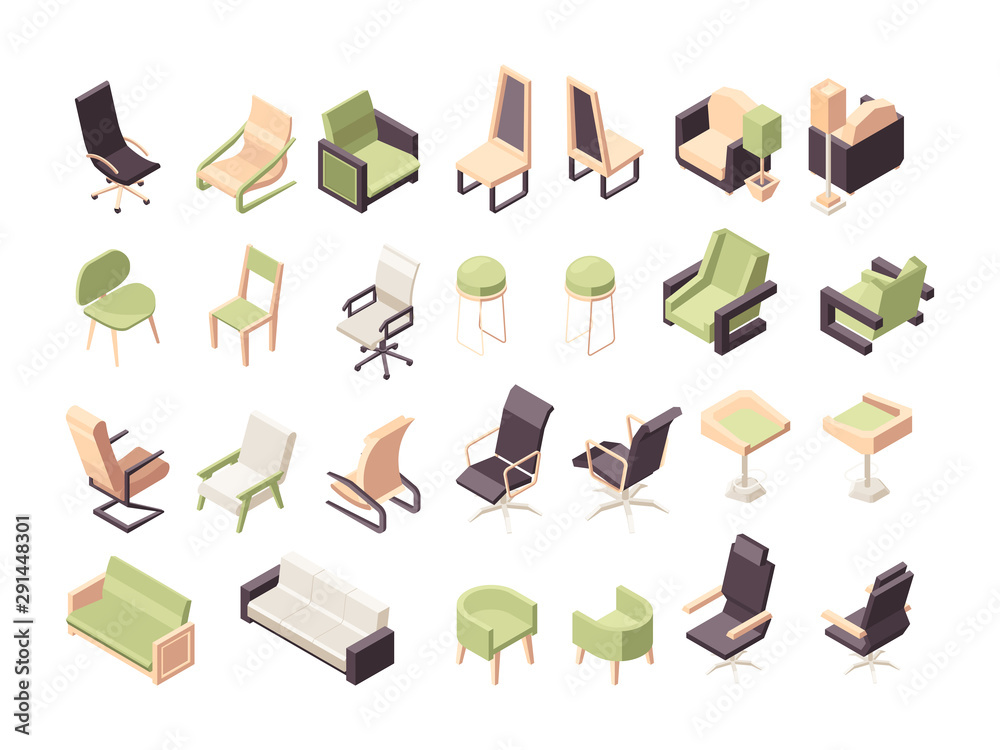 Armchairs isometric. Office furniture modern low poly chairs collection ...