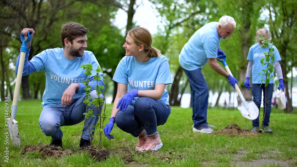 Foto de Group of eco volunteers planting tree sapling in public park ...