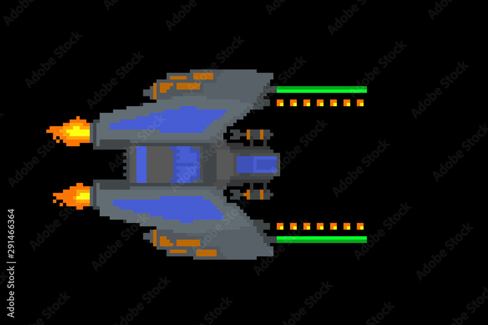 Futuristic spaceship. Isolated on black background. Pixel art vector ...