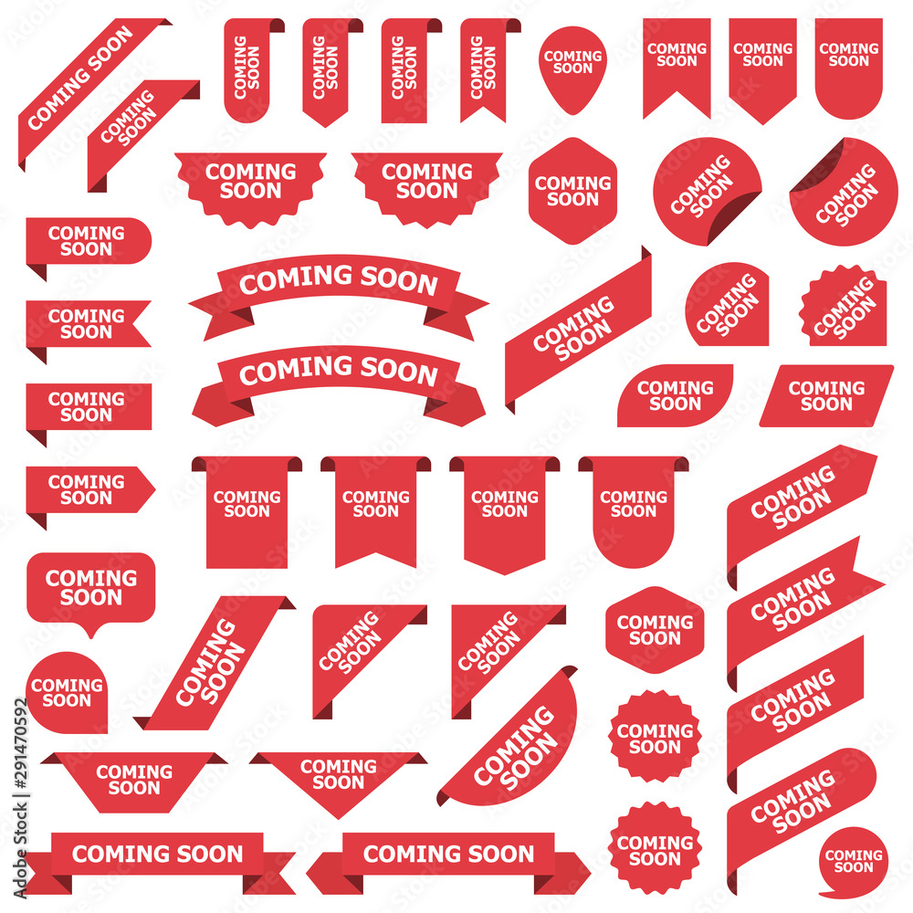 Big set of red stickers coming soon tags, labels and banners Stock ...