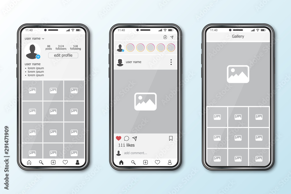 Mobile app with smartphone mockup photo frames for social media Stock ...
