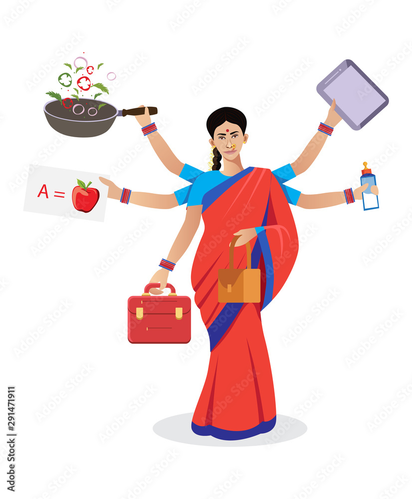 Indian Multitasking woman balancing life with multiple hands Stock ...