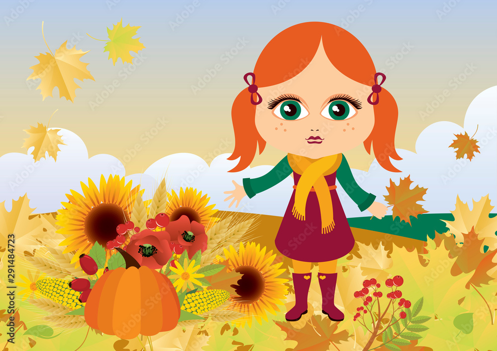 Little girl in autumn landscape vector. Autumnal little girl vector ...