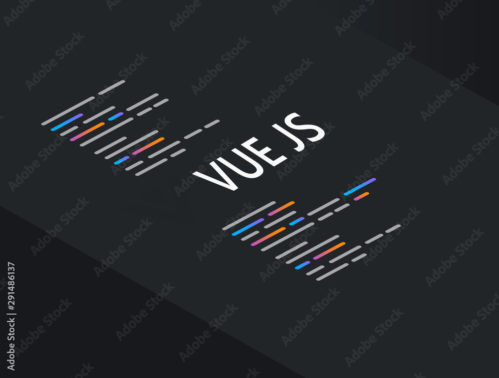 Vue JS programming language coding software with single page application technology vector ...