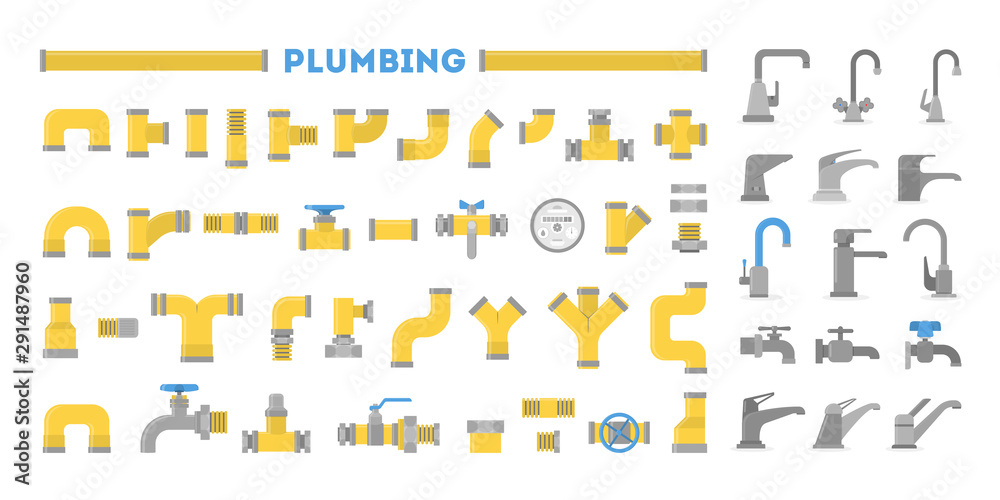 Plumber set, collection of pipe and tap. Plumbing industry. Stock ...