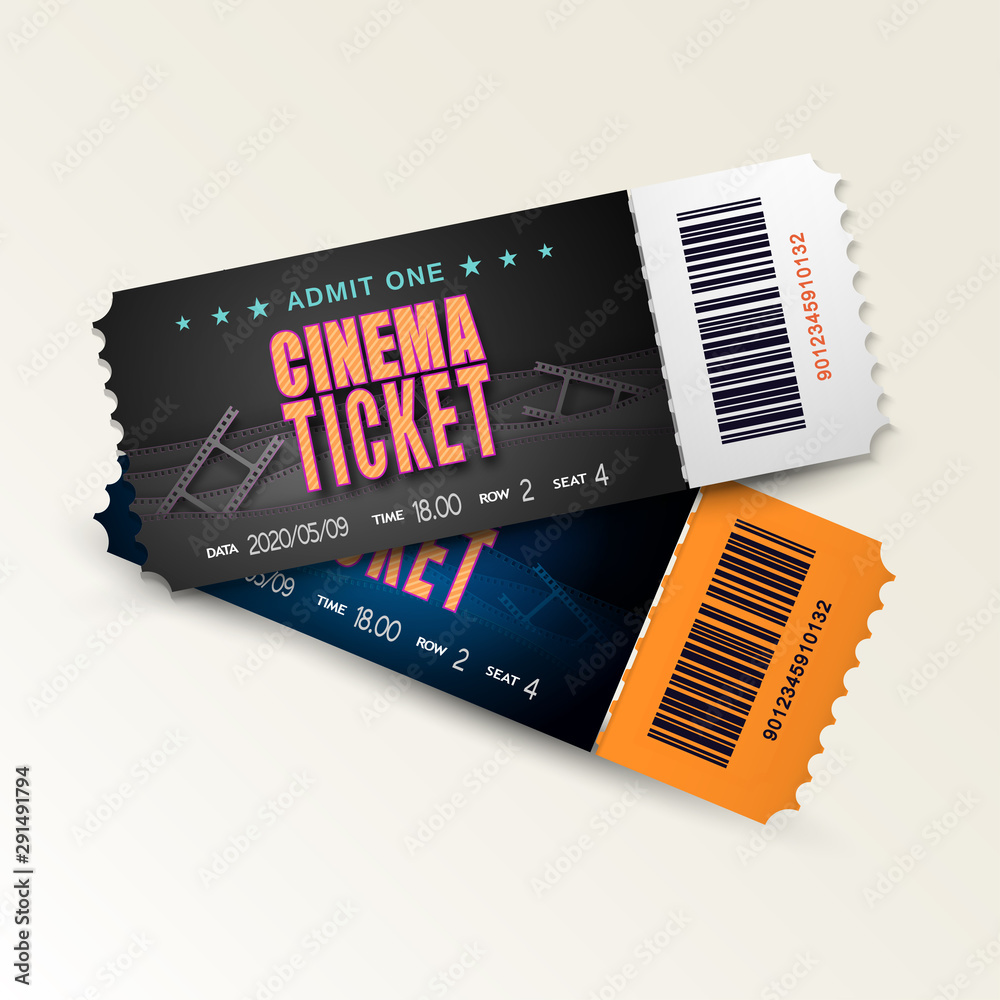 Two cinema tickets isolated on white background. Pair movie entrance ...