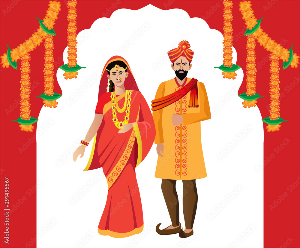 maharashtrian, hindu couple standing for wedding, bride and bridegroom ...