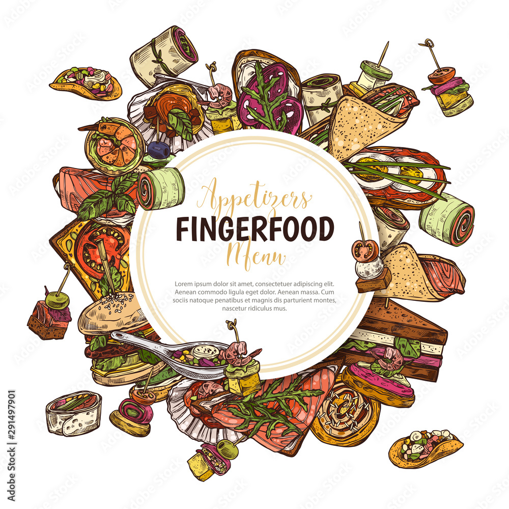 Finger food background with label, poster, design for restaurant, cafe ...