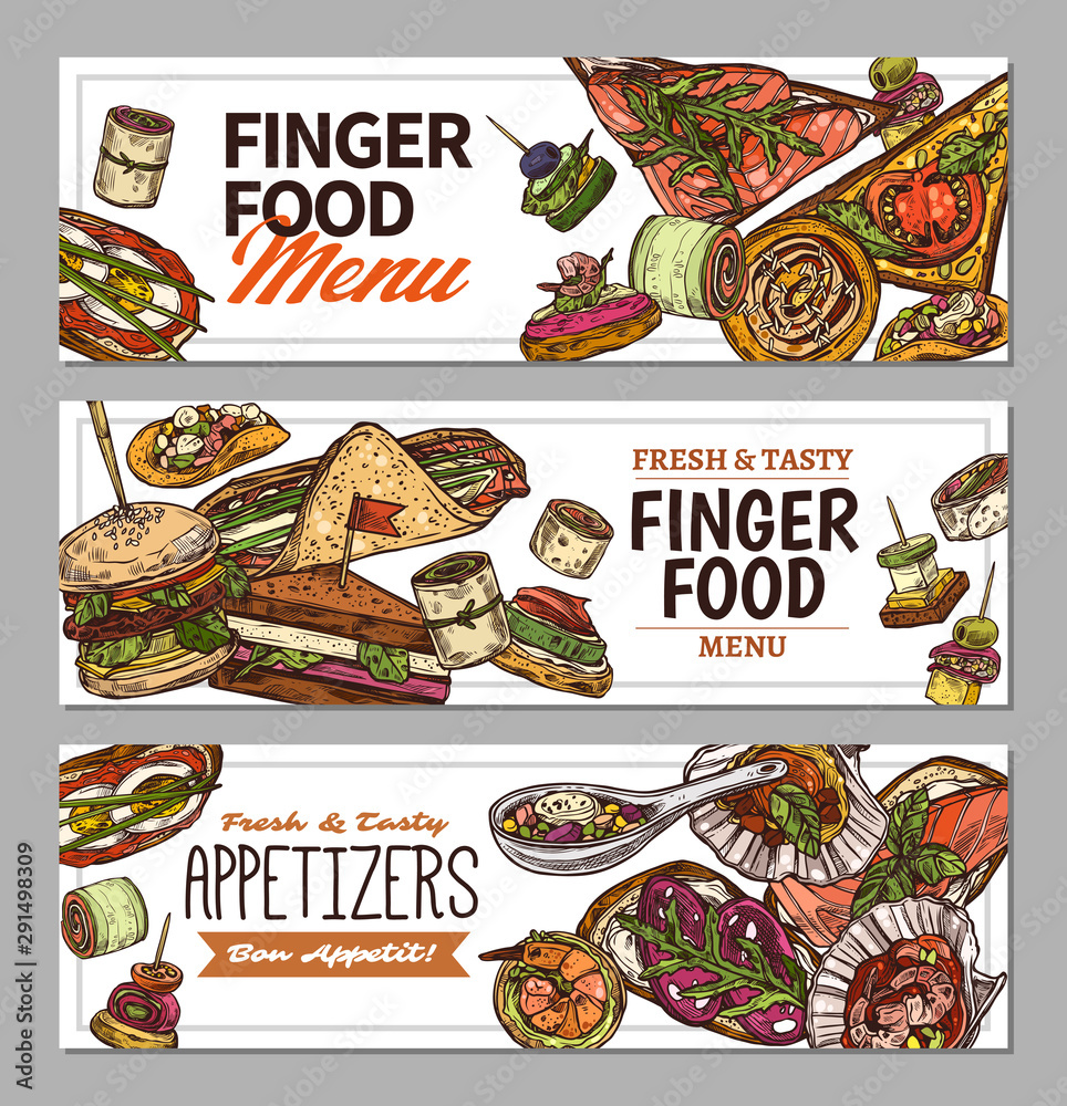 Horizontal banners with finger food design. Snacks, appetizers, mini ...