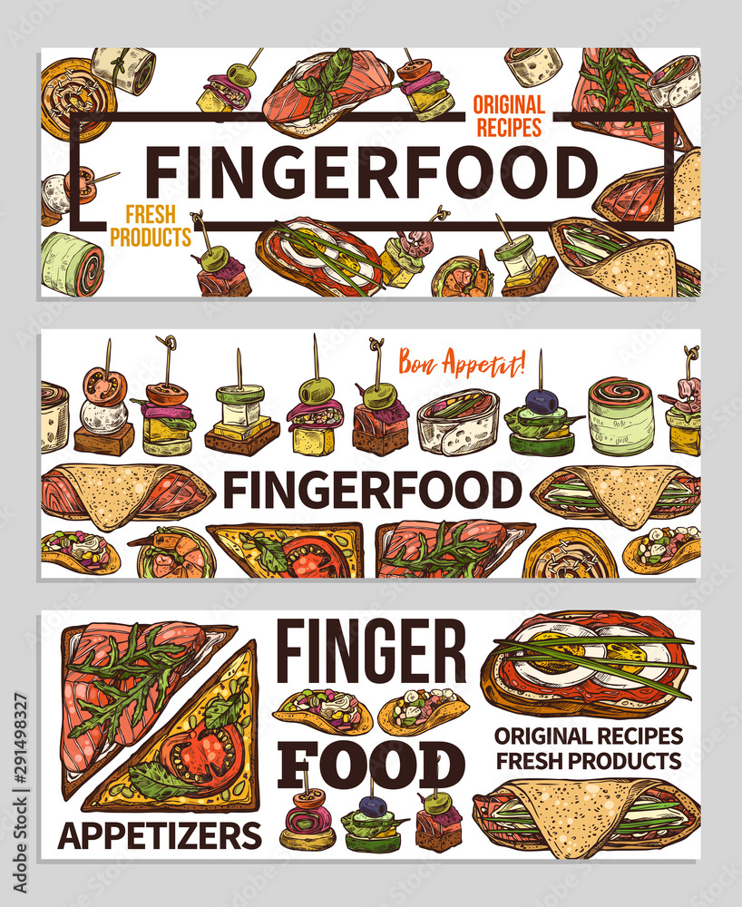 Horizontal banners with finger food design. Snacks, appetizers, mini ...