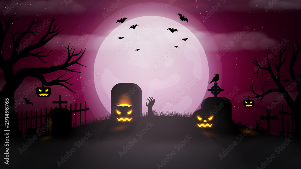 Halloween scary red background. Foggy landscape with bats, full super ...