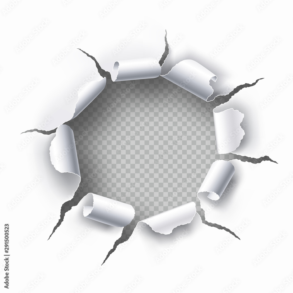 Torn hole with transparent background in the sheet of white paper ...