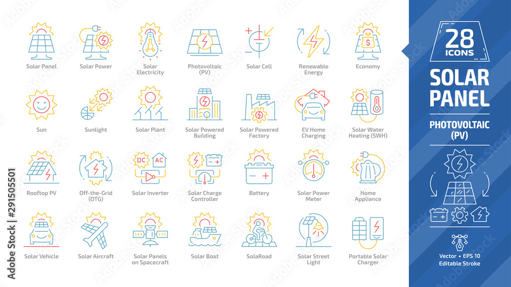 Solar panel color outline icon set with sun power photovoltaic (PV ...