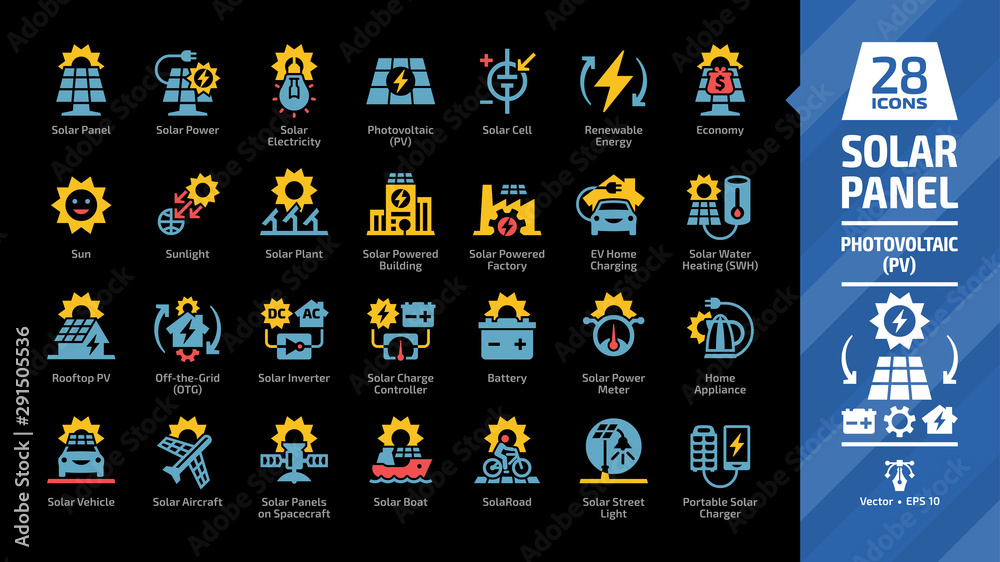 Solar panel color icon set in dark mode with sun power photovoltaic (PV ...