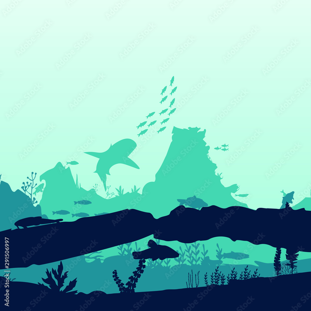 Silhouette of fish and algae on the background of reefs. Underwater ...