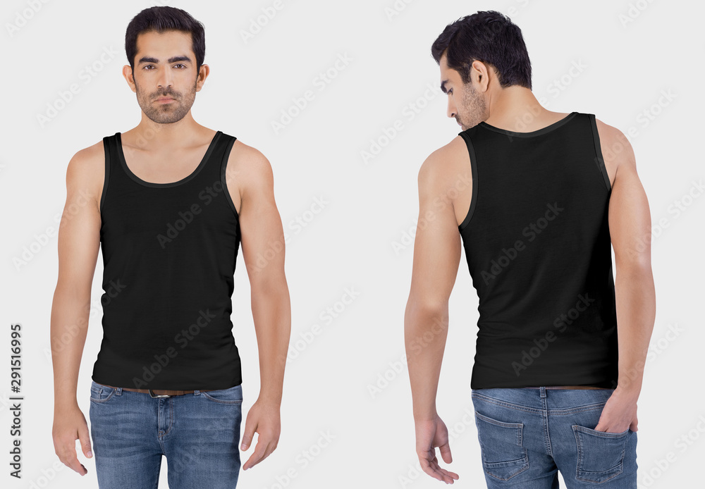 Front back view of young male model wearing white plain black tank top ...