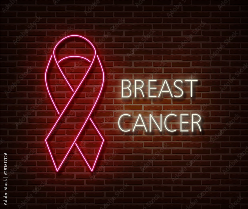Neon breast cancer awareness signs vector isolated on brick wall. Pink ...