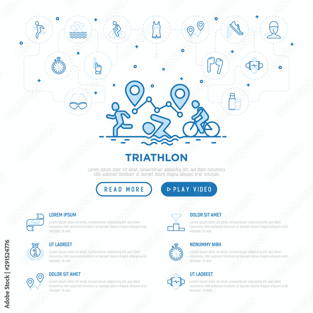 Triathlon concept with thin line icons: runner, swimmer, cycling race ...