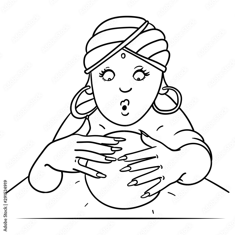 comic drawing of a fortune teller holding her hands over a crystal ball ...