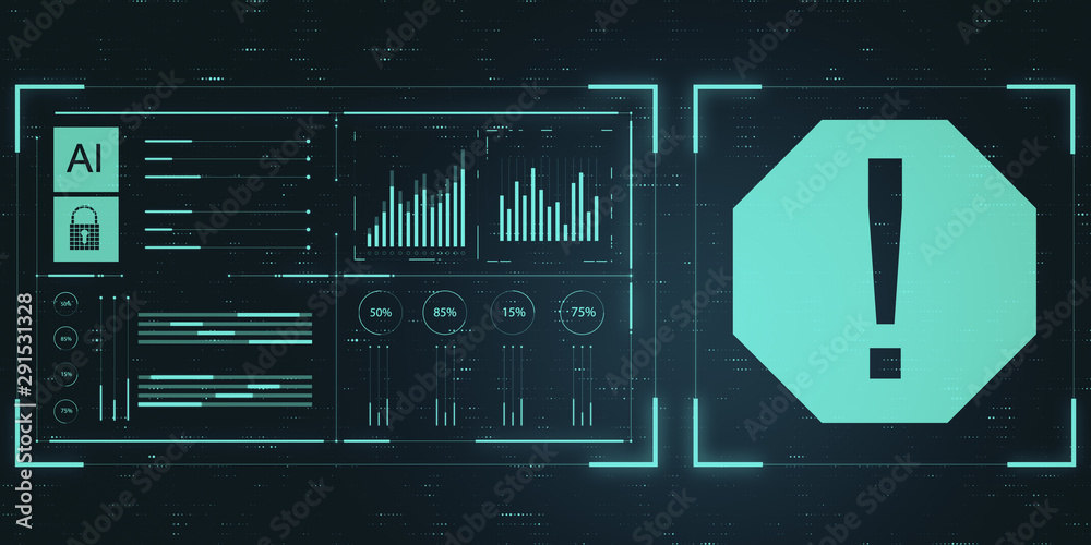 Cyber security conceptwith digital exclamation mark and diagram graphs ...