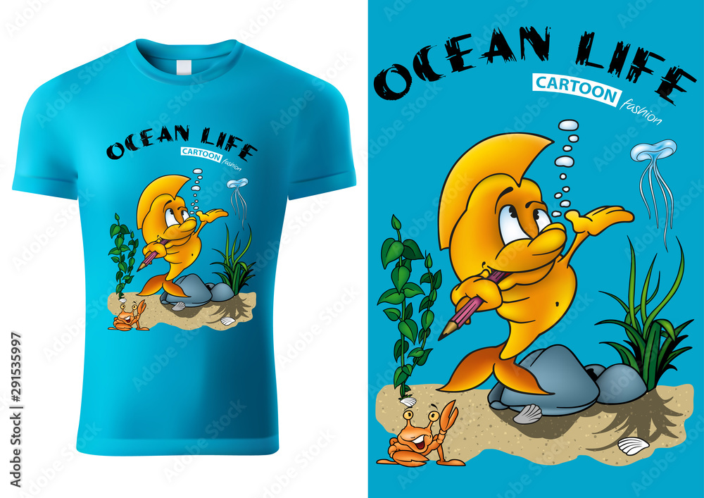 Blue Child T-shirt Design with Golden Fish - Colored Cartoon ...