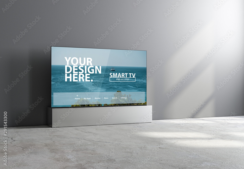 Smart TV Mockup Against Grey Wall Stock Template | Adobe Stock